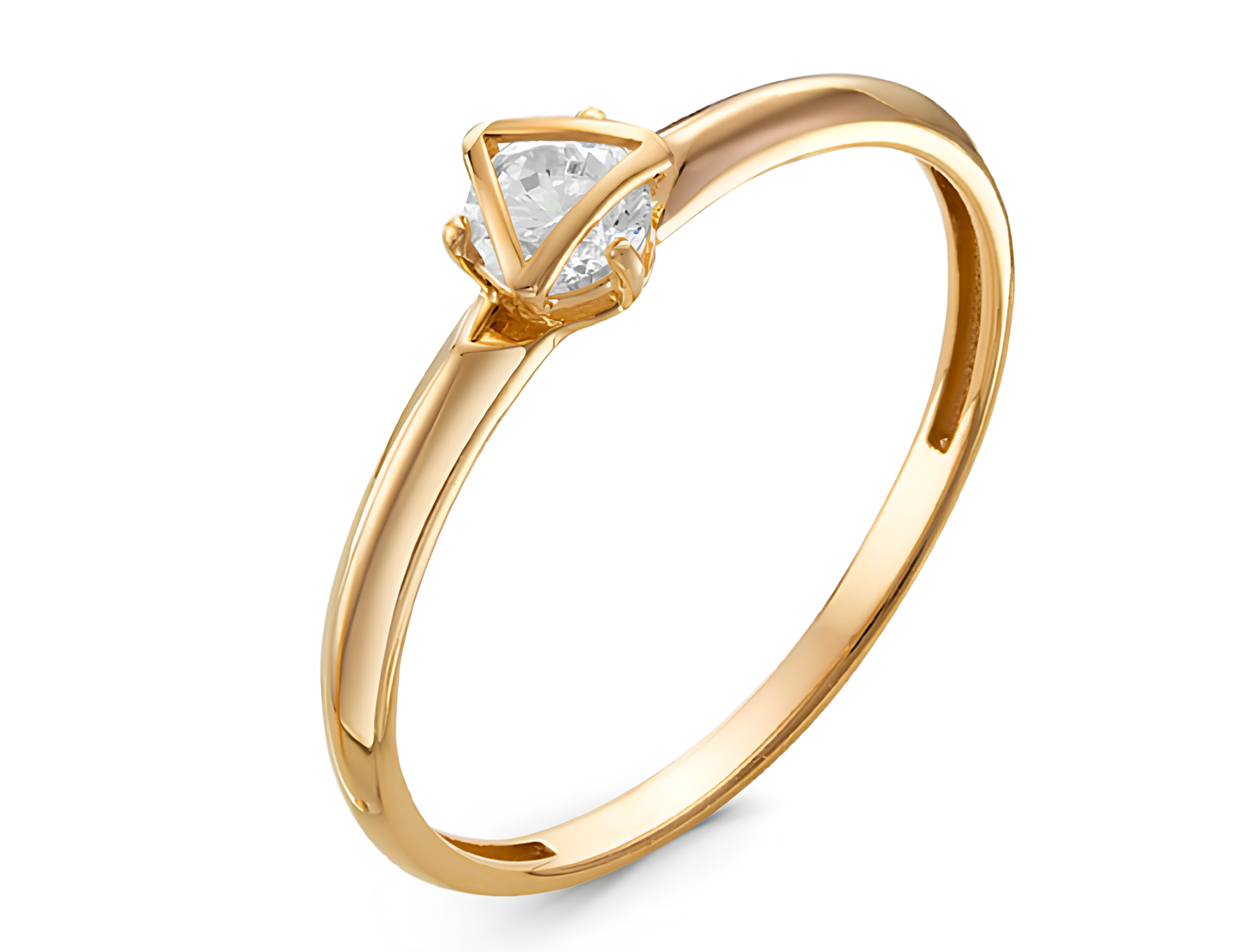 Кольцо тонкое, помолвочное, красное золото, 585 проба, родирование, фианит