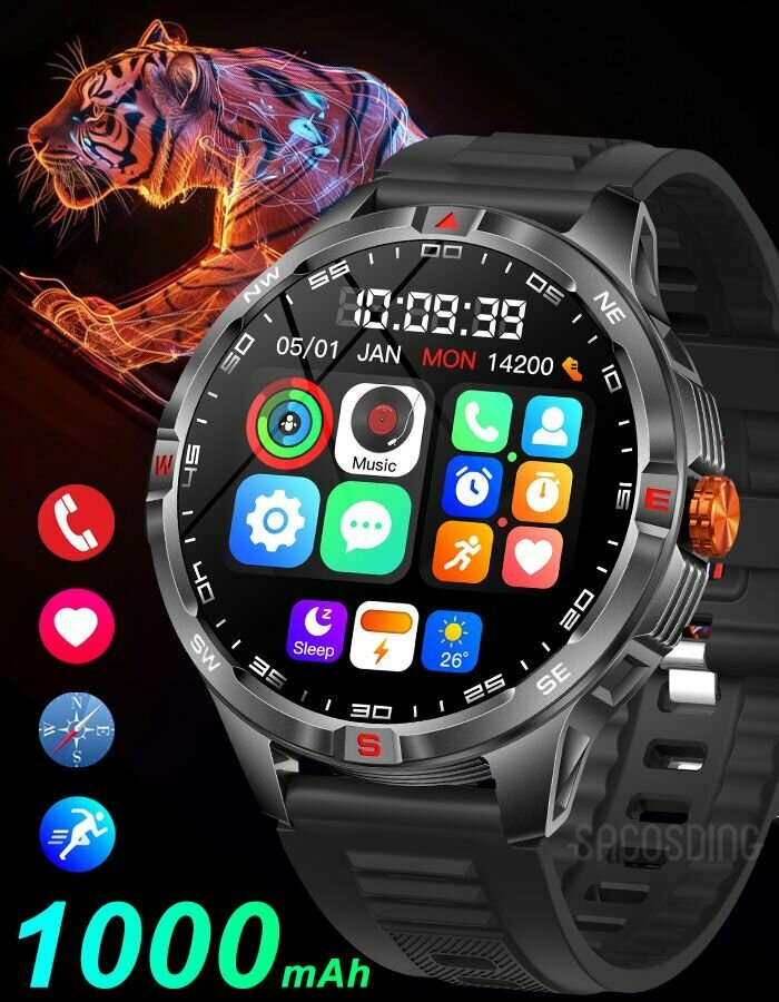 Cмарт часы мужские водонепроницаемые противоударные,1,46 дюйма, с компасом, с батареей 1000 мАч, для Android/iOS