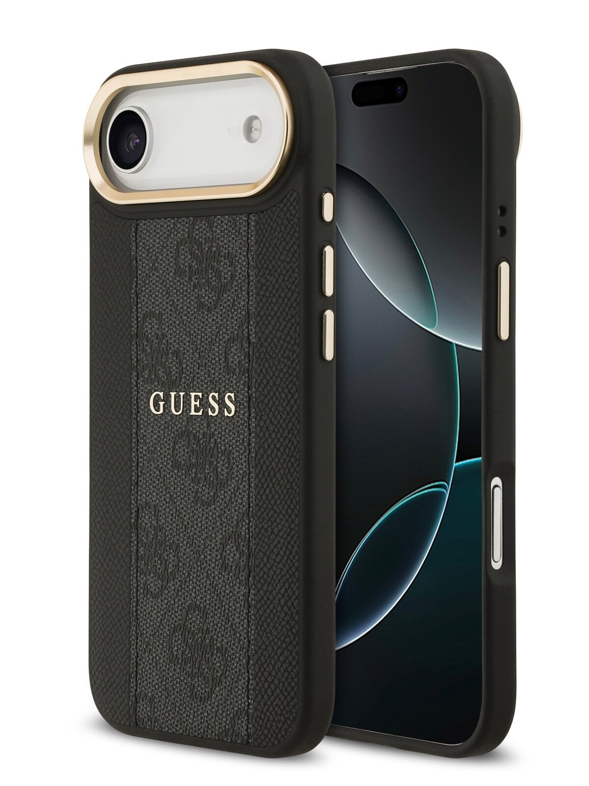 Guess чехол с MagSafe для iPhone Air, PU кожа 4G Stripe Classic metal logo Gold camera, черный
