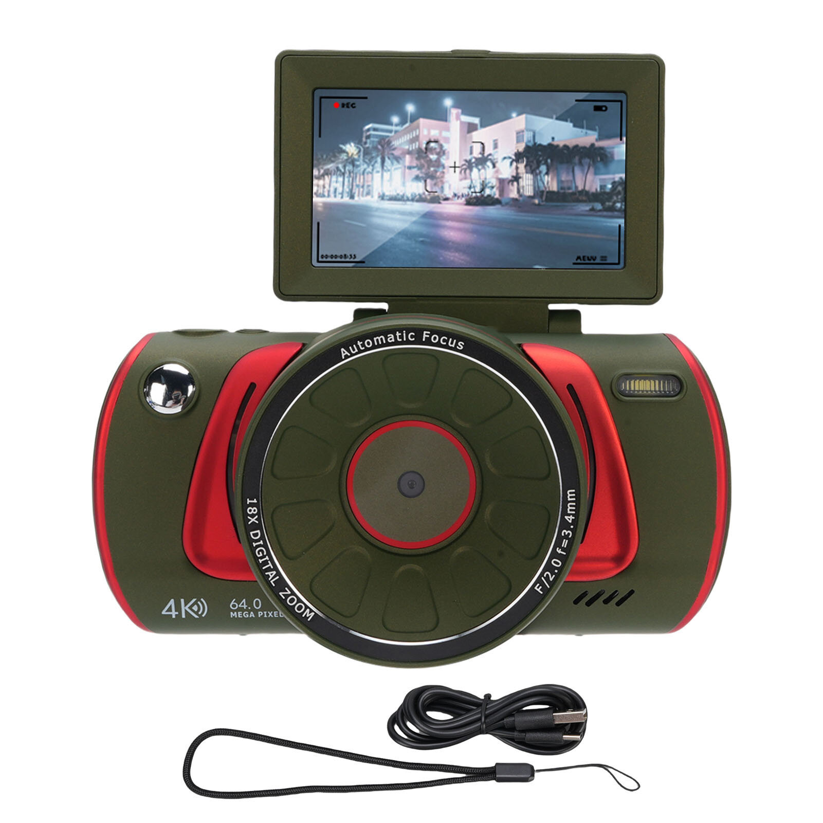 Цифровая фотокамера Wi-Fi 64 МП 4K 18-кратный зум 3-дюймовый поворотный экран антивибрационная система, ретро-стиль, автофокус, для путешествий, видеосъемки, селфи, дома, зеленая.
