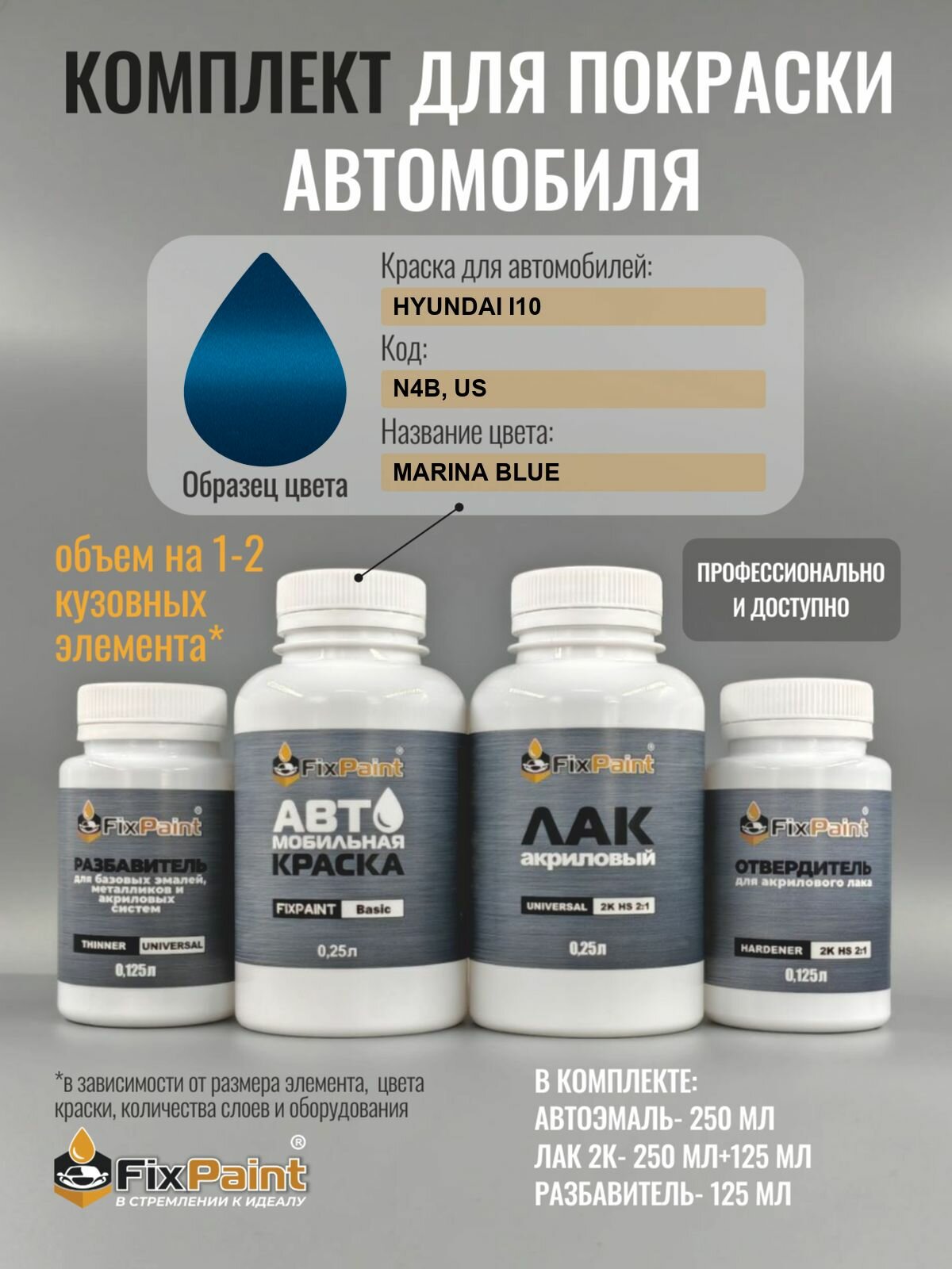 Комплект для покраски HYUNDAI I10, код N4B, US, MARINA BLUE, базовая автомобильная эмаль 250 мл, лак 2K 250 мл с отвердителем, разбавитель 125 мл, FixPaint Pro