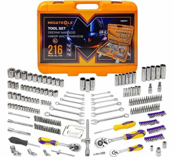 Набор инструментов MEGATOOLS 216 предметов, 1/4'3/8'1/2', 6гр, 4-32мм, в пластиковом кейсе MT-38841(58198)