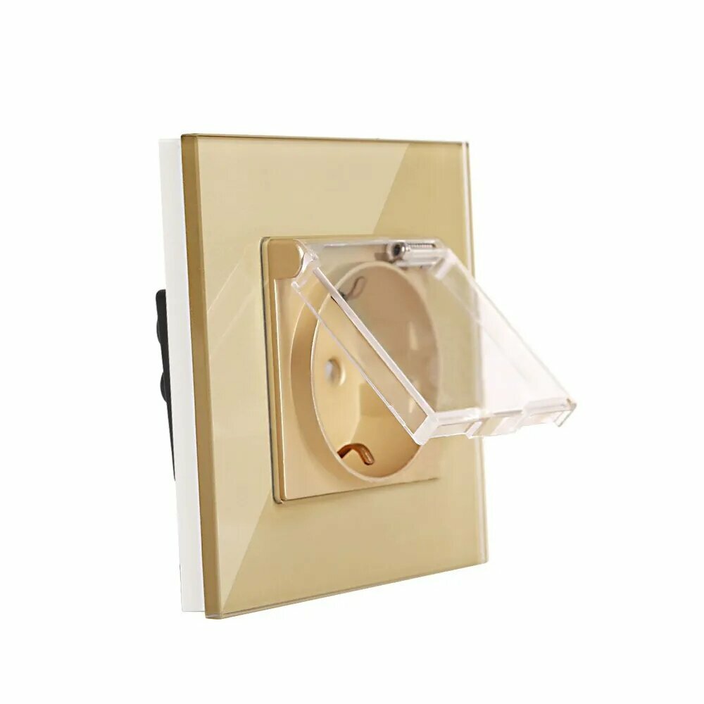 Розетка c водонепроницаемой крышкой, Встраиваемая водонепроницаемая розетка на 16А стеклянна золото c землей