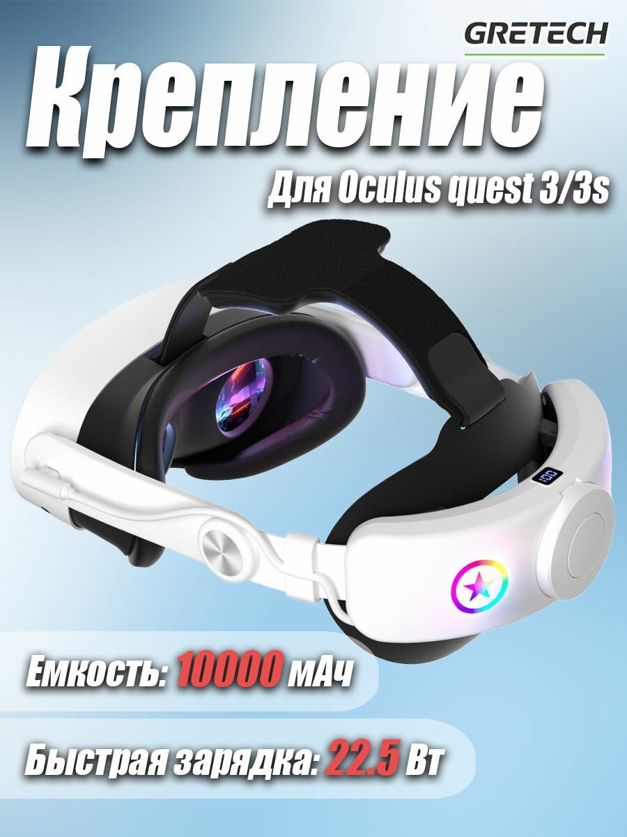 Крепление на голову для VR Oculus Quest 3/3S, большая емкость 10000 мАч, экспресс-зарядка мощностью 22.5 Вт