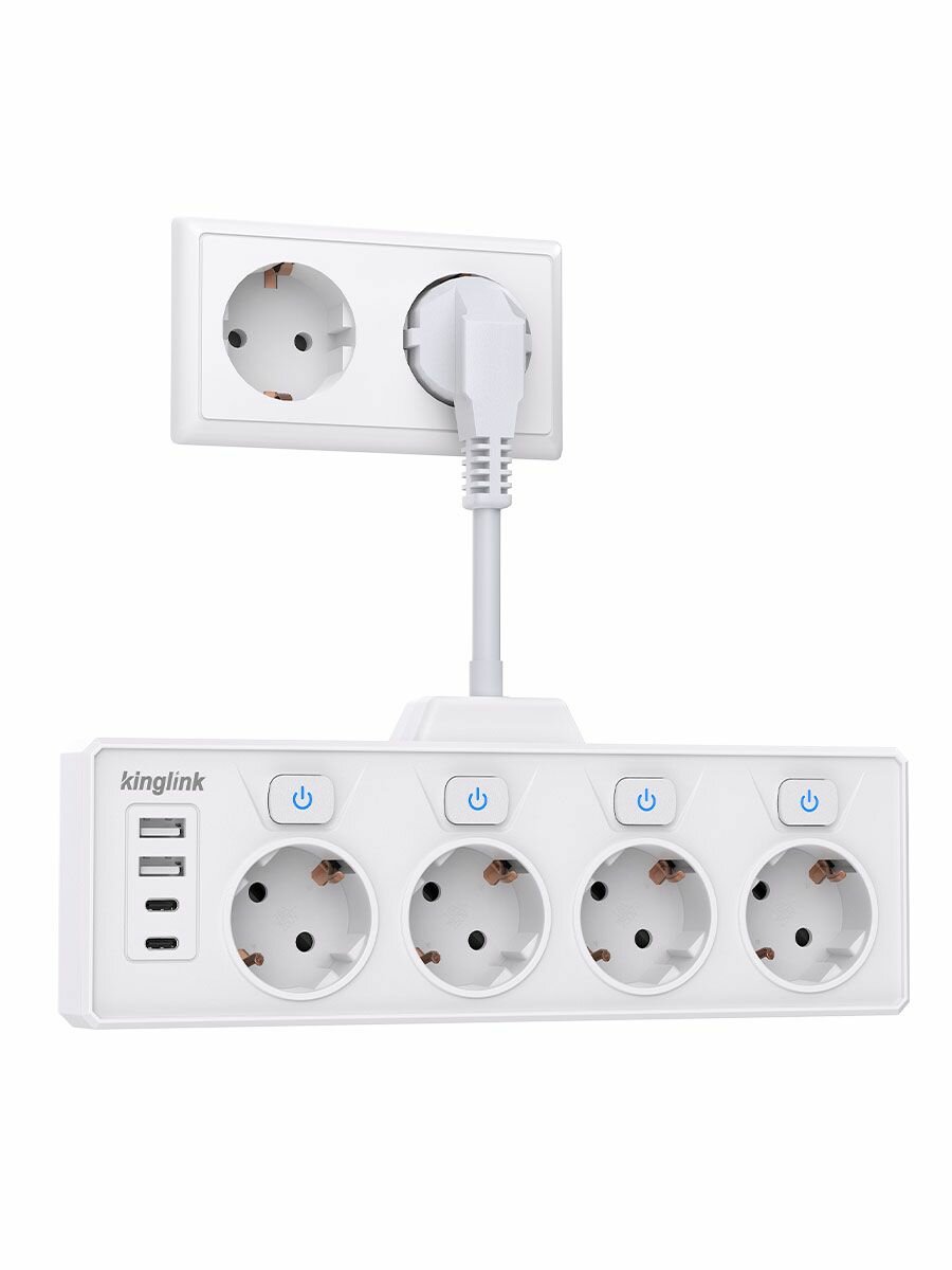 Розетка-удлинитель EU 8-в-1 Белая матовая: 4 EU + 2 USB-A + 2 Type-C, 3680Вт, 50см кабель (180 ), выключатель