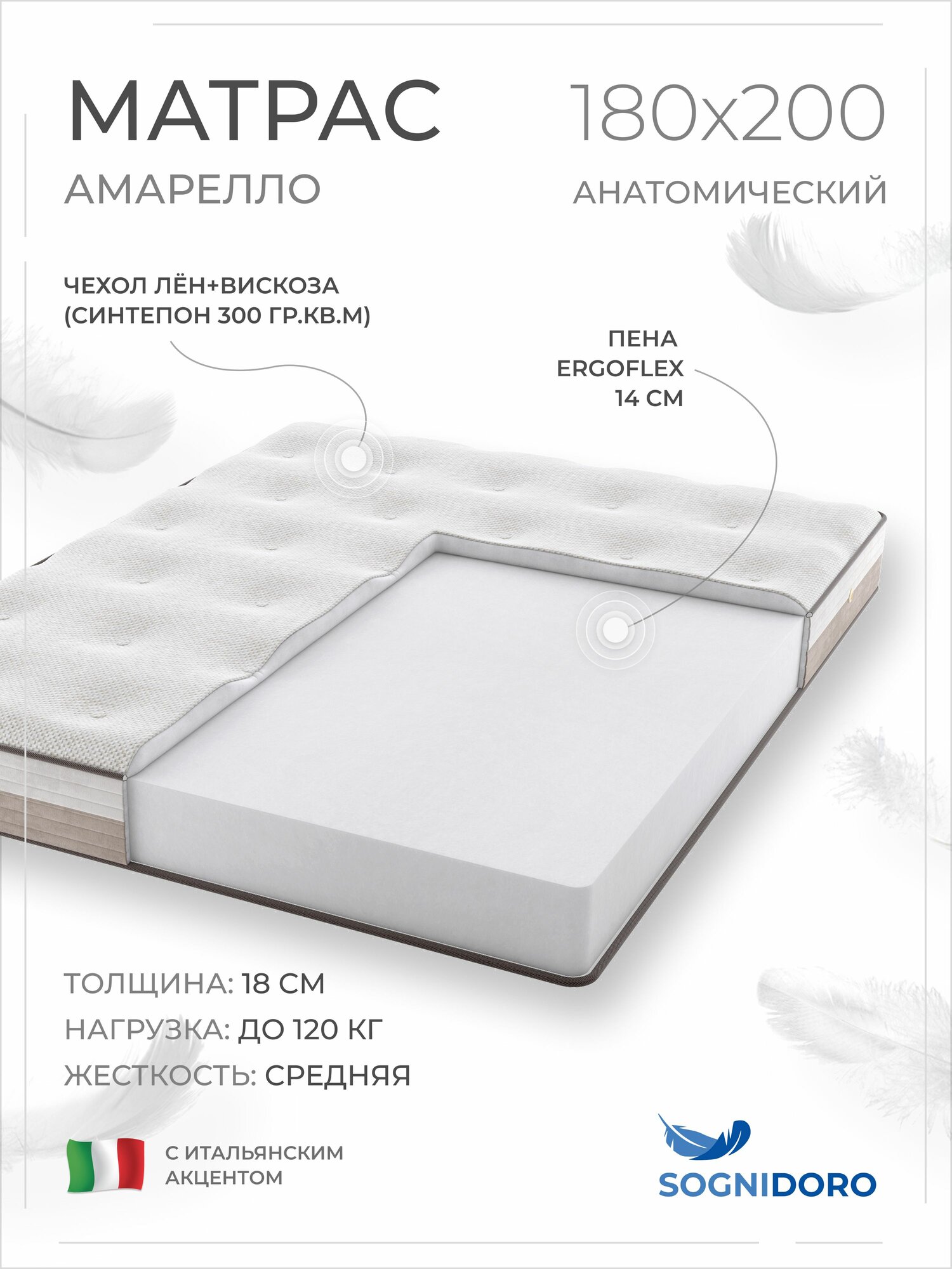 Матрас 180х200, анатомический, беспружинный, амарелло