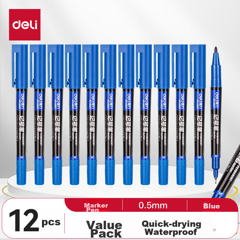 Deli 0.5mm/1.2mm Dual-Tip Marker Pen, Signing Pen, Conference Pen, Children's Student Marker Pen, Outlining Pen, 12 Pens/box, Blue, 6823