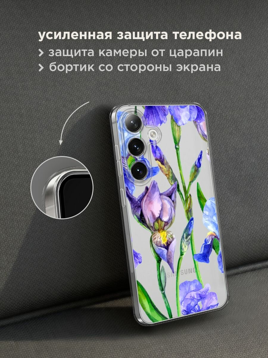 Чехол на Samsung Galaxy S24 / Самсунг S24 с принтом "Синие ирисы", прозрачный — фото 1