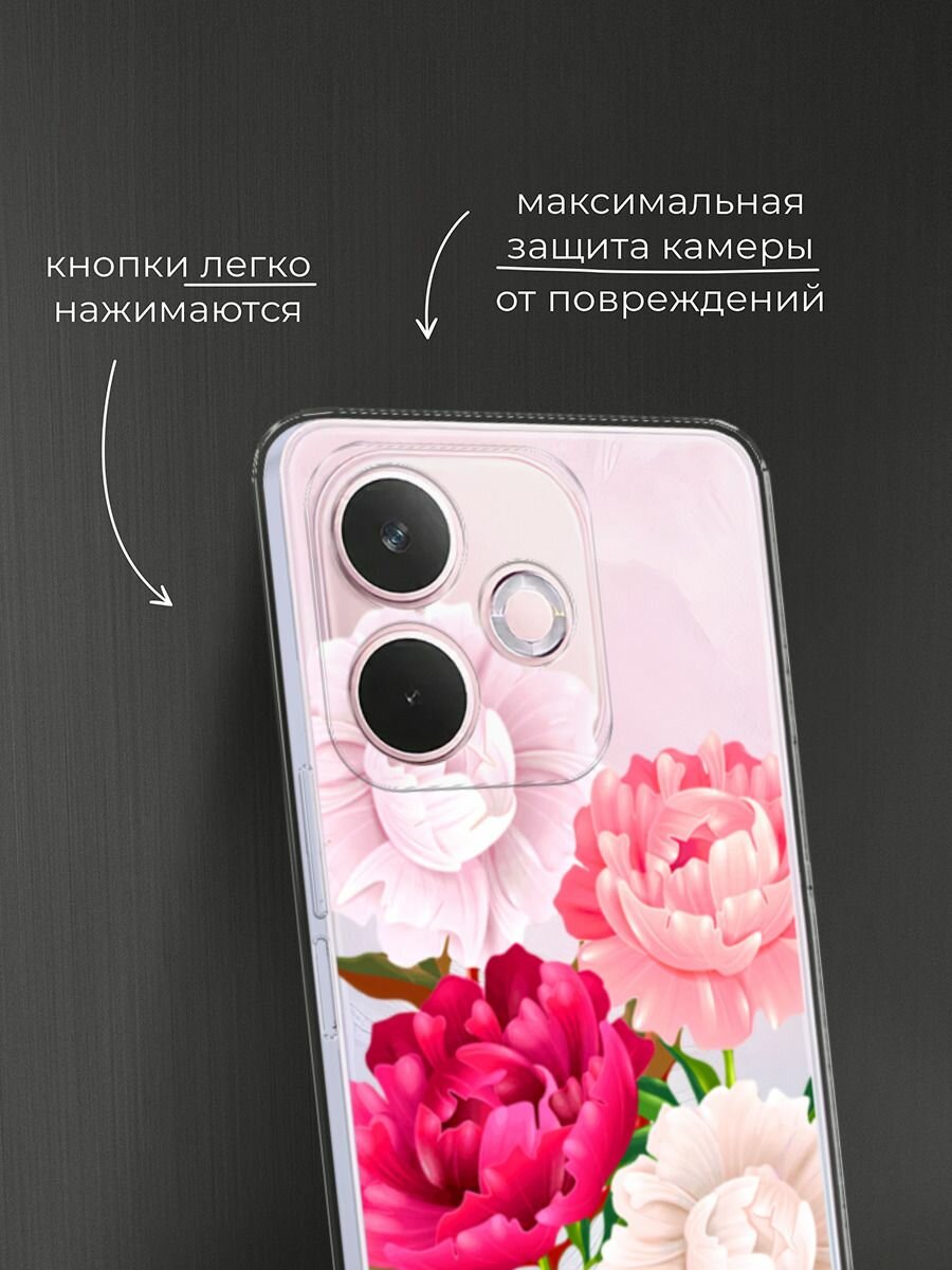 Чехол на Oppo A5 Pro / Оппо А5 Про с принтом "Большие пионы", прозрачный — фото 1
