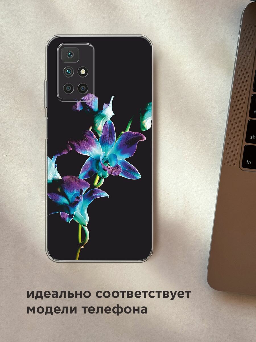 Чехол на Xiaomi Redmi 10 / Сяоми Редми 10 с принтом "Синий цветок на черном" — фото 1