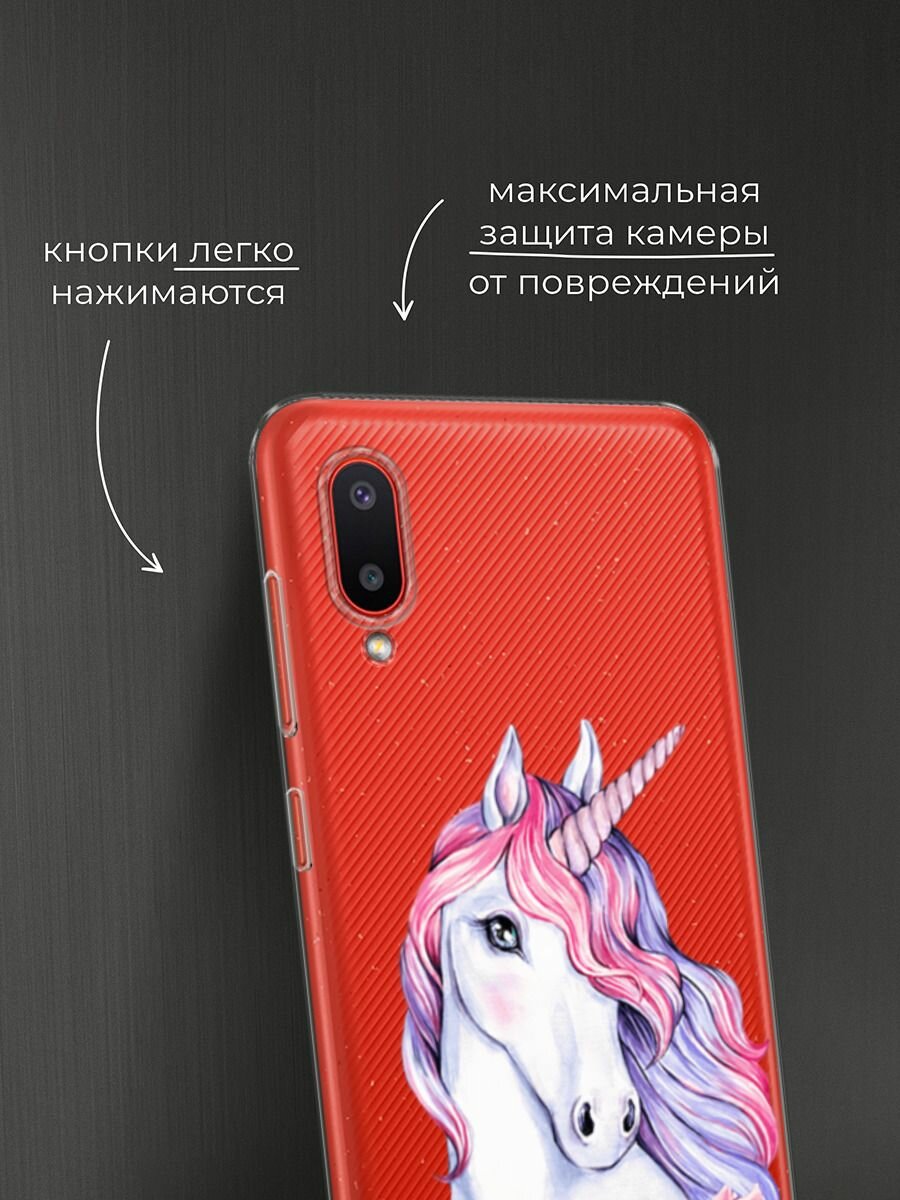 Чехол на Samsung Galaxy A02 / Самсунг Галакси А02 с принтом "Единорог с пионами", прозрачный — фото 1