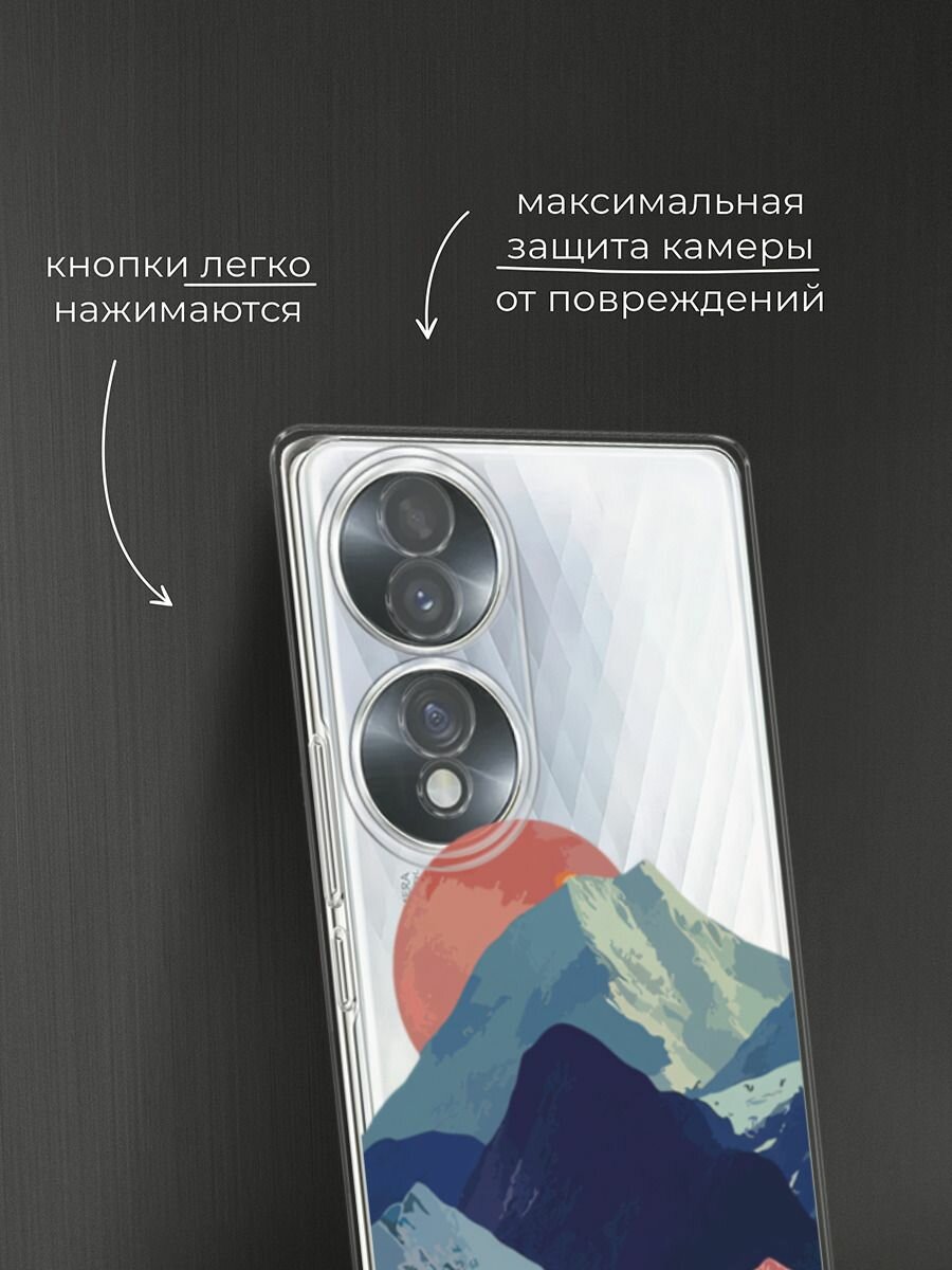 Чехол на Honor 70 / Хонор 70 с принтом "Закат в снежных горах", прозрачный — фото 1