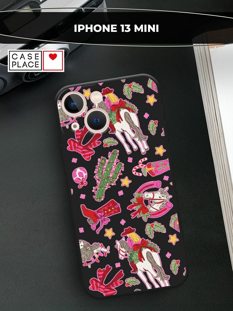 Черный матовый чехол на Apple iPhone 13 mini / Айфон 13 мини с принтом "Кактус с гирляндой 2"