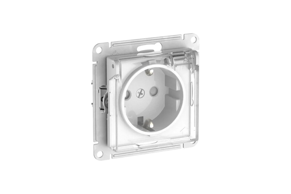 ATLASDESIGN AQUA розетка с заземлением и шторками, прозрачная крышка, IP44, 16A, мех, быстрозажимные клеммы, белый ATN440146S