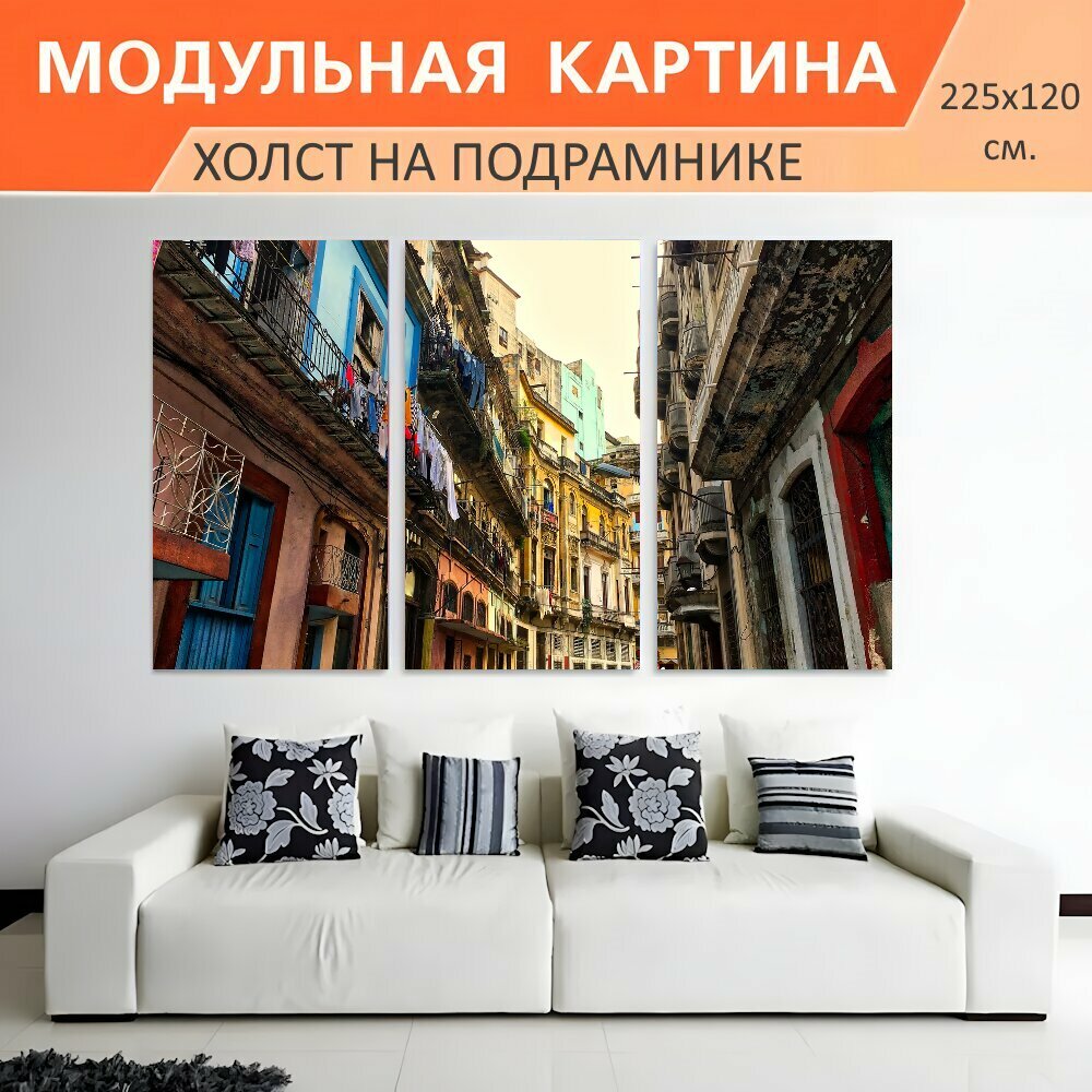 Модульная картина на холсте "Куба, гавана, архитектура" триптих на подрамнике 225х120 см. для интерьера
