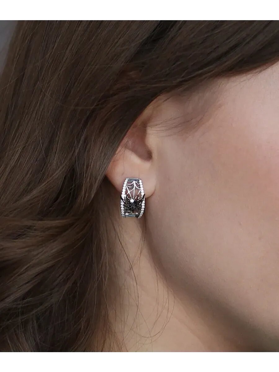 Серьги, серебро, 925 проба, чернение, родирование, фианит, циркон, шпинель синтетическая