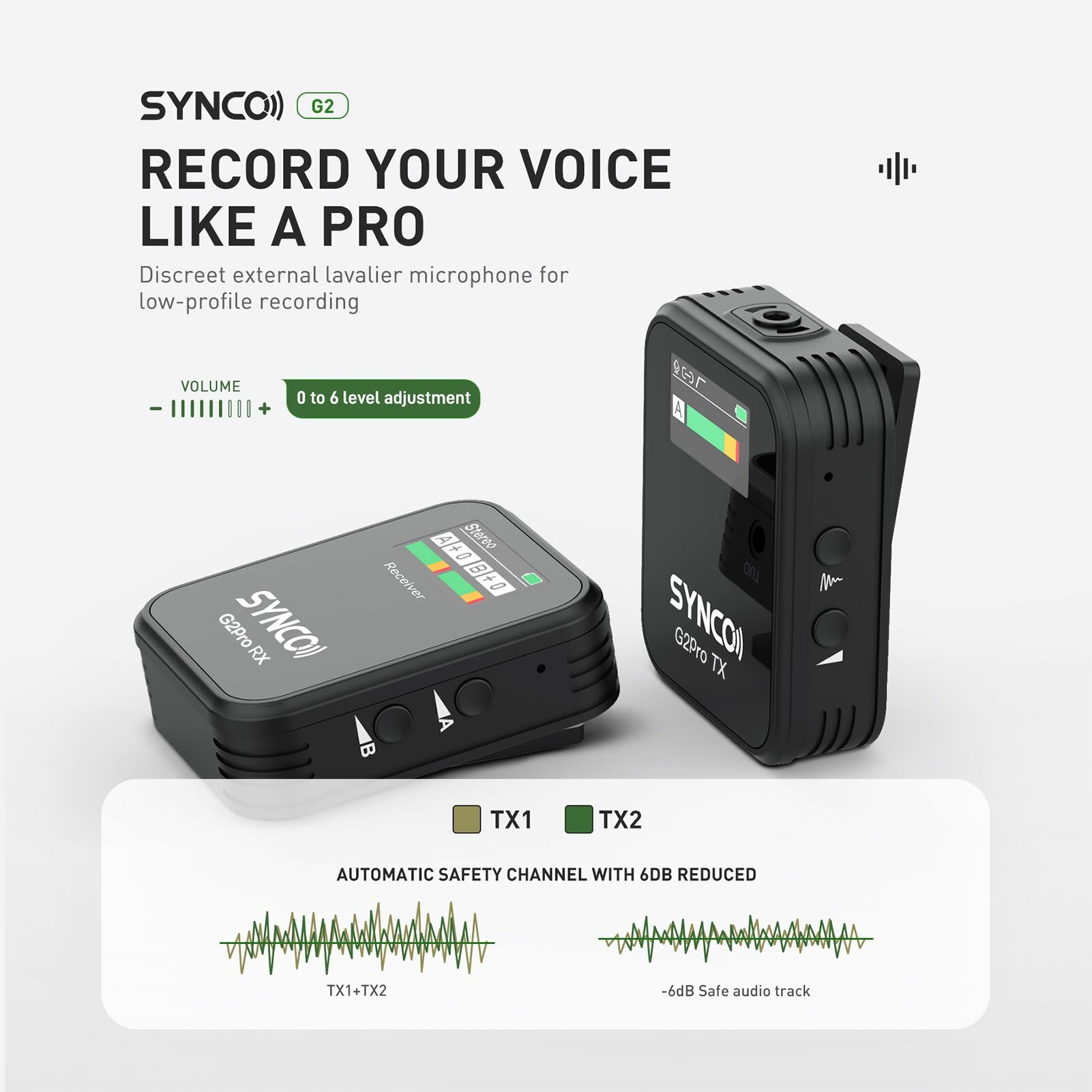 Беспроводная микрофонная система SYNCO G2A2 Pro с 1 приемником и 2 микрофонами, дальность передачи 200 м, шумоподавление, совместимость с Android, компьютерами, камерами