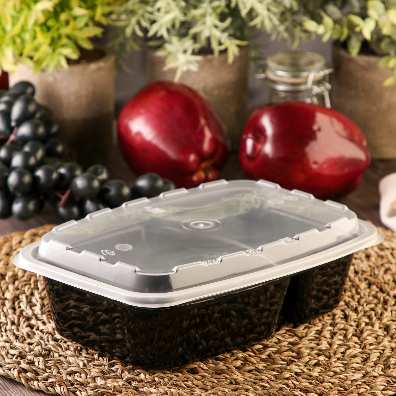 Контейнер одноразовый с крышкой, пластик, 830 мл, 2 секции, чёрный, 150 шт.