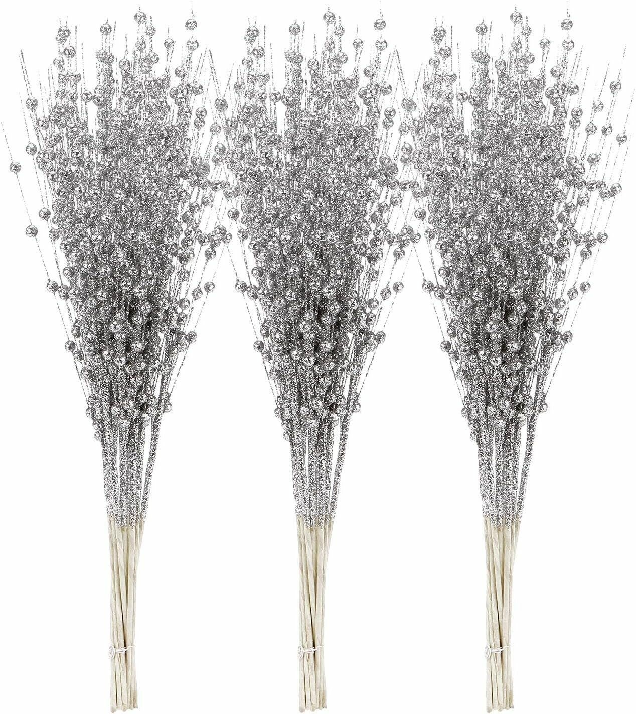 Набор из 12 искусственных веток с блестящими ягодами, декоративные бусины, сверкающие палочки