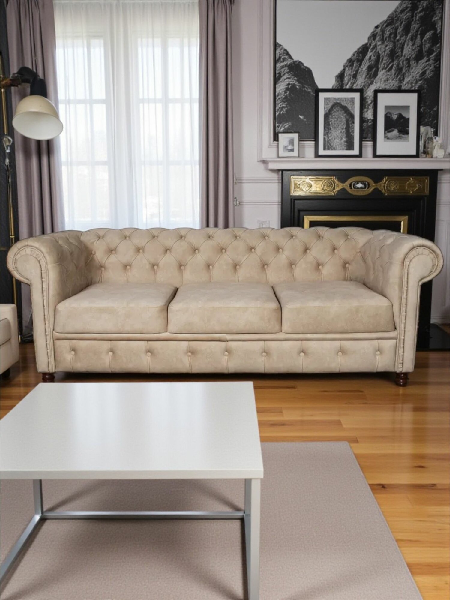 Прямой диван "Честер", КРЕСЛОВЪ33, велюр Lambre 08 бежевый, 225х85х75 см