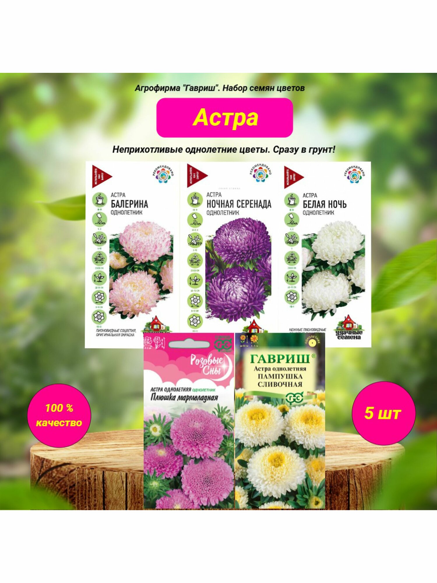 Астра. Набор семян однолетних цветов 5 сортов. Агрофирма "Гавриш"