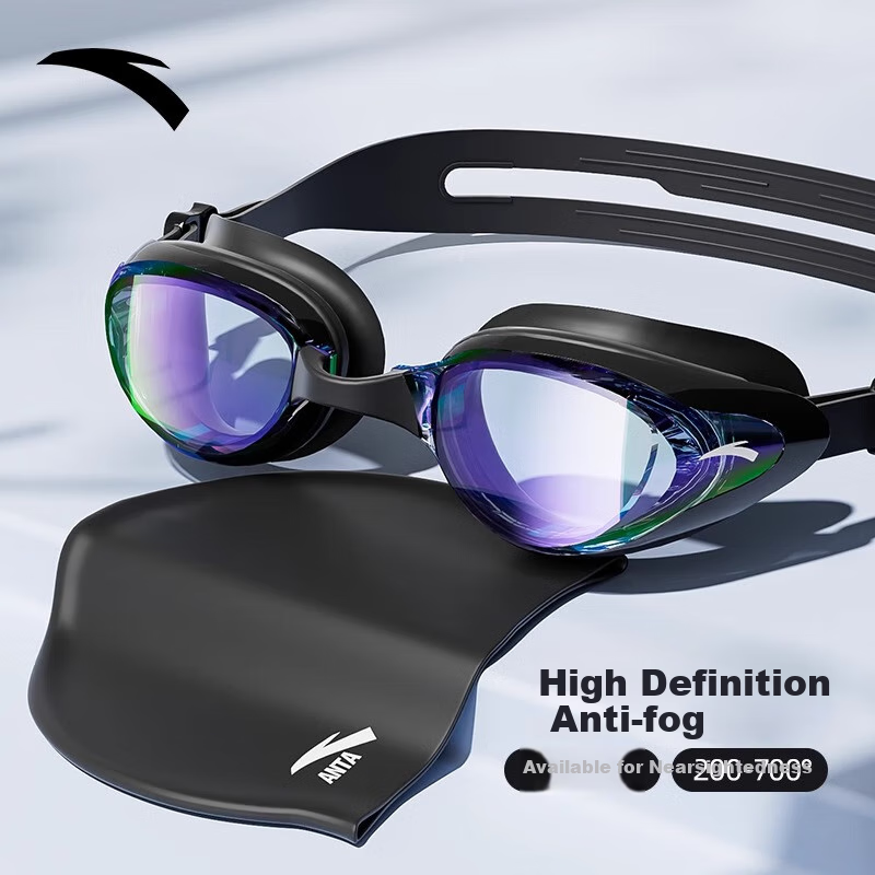 ANTA (ANTA) Swimming Goggles with Prescription, Waterproof, Anti-fog, High Definition, Men's and Women's Professional Swimming Goggles with Swim Cap, Black 700