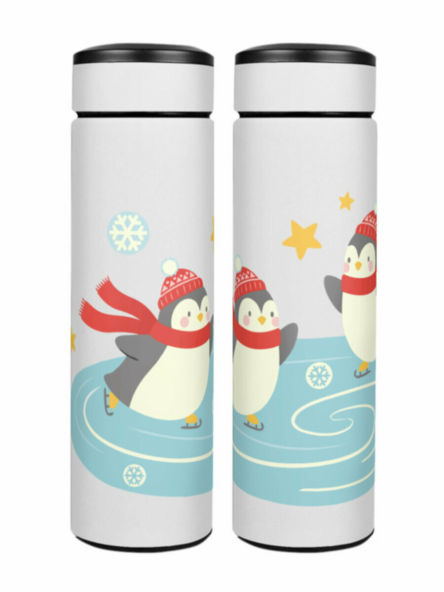 Термос «Пингвины на катке» (белый)