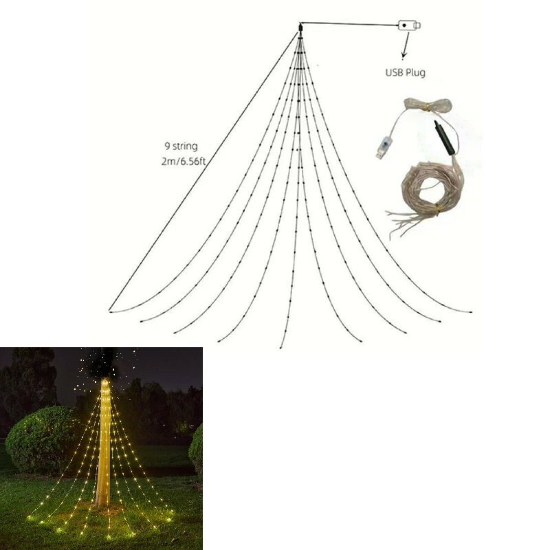 Елочные гирлянды водопад для внутреннего и наружного украшения с теплым белым и разноцветным свечением, 200 лампочек
