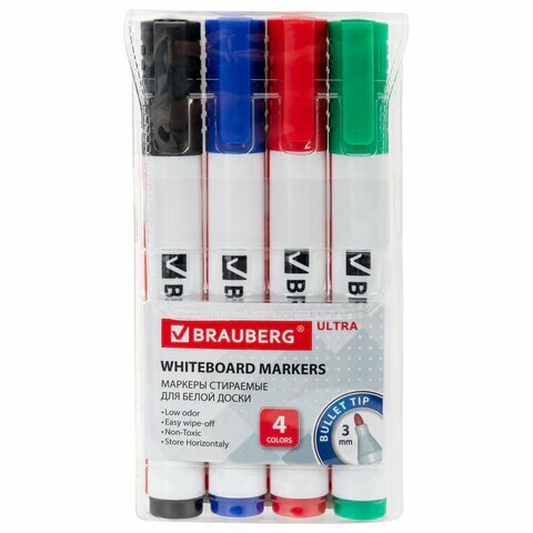 Маркеры стираемые для белой доски набор 4 цвета, BRAUBERG "ULTRA WHITEBOARD MARKER", 3 мм, 152635