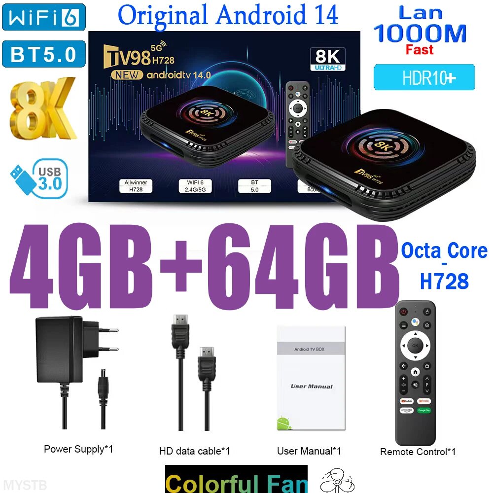 DHNOO ТВ-приставка Android 14 64ГБ Европейская, 4GB 64GB