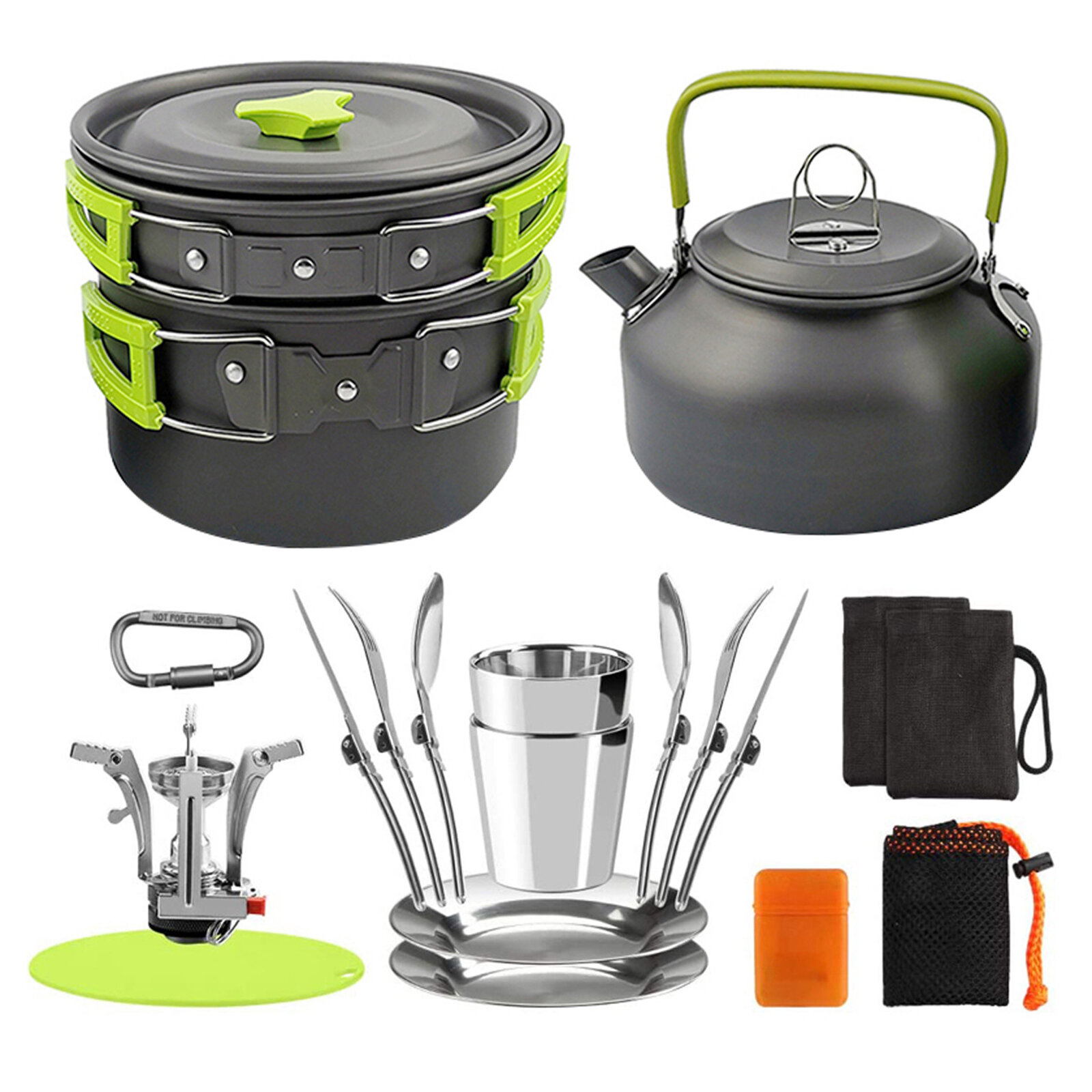 Набор посуды для кемпинга Outdoor Camping Cookware Mess Kit с кастрюлей, сковородкой, чайником, плиткой, ложками, ножами, чашками, тарелками, доской для резки, карабинером и сетью для хранения, материал алюминиевый сплав и нержавеющая сталь, цвета