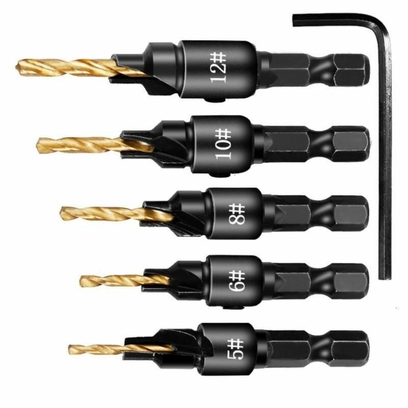 Набор из 5 частей, деревообрабатывающее сверло с шестигранным хвостовиком потайной головкой, электродрель, инструмент для пробивки фаски, встроенный сверл, титановым покрытием
