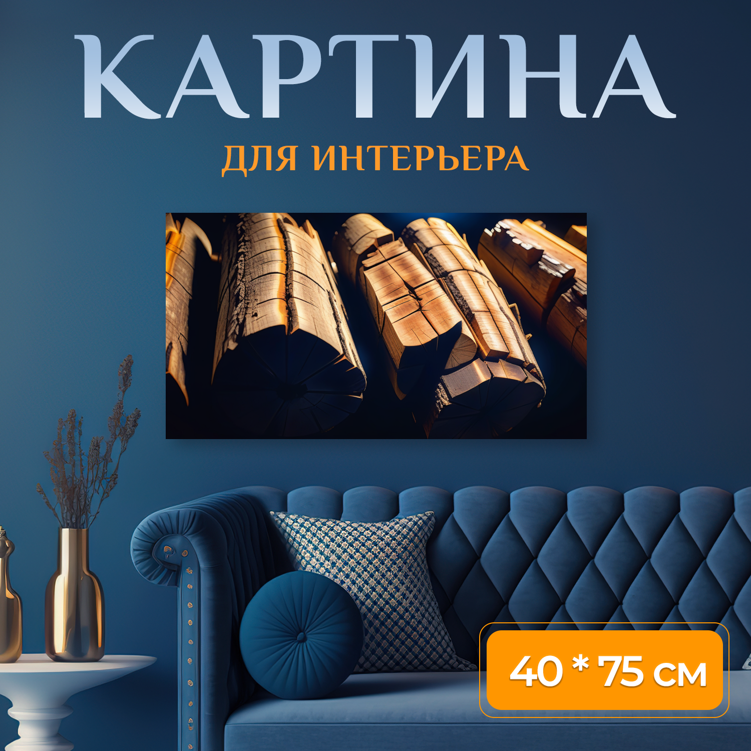 Картина на холсте "Деревянные чурки в ярких огнях" на подрамнике 75х40 см. для интерьера