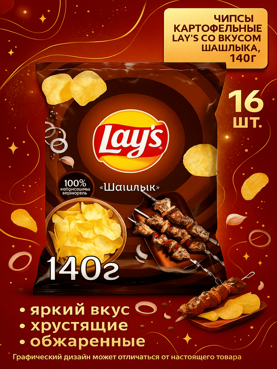 Чипсы картофельные LAY'S со вкусом шашлыка, 140г x 16 упаковки