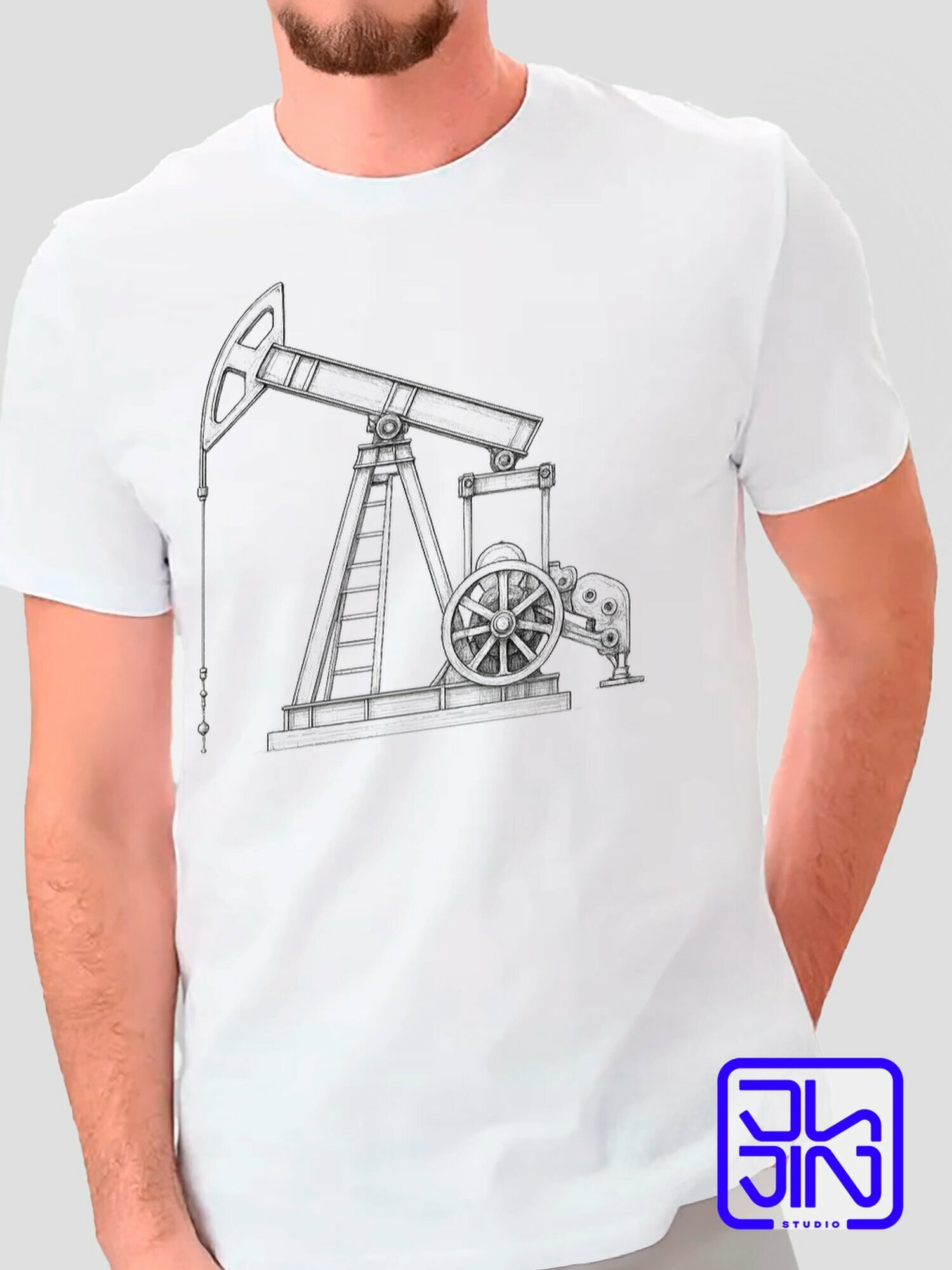 Футболка классическая мужская с авторским принтом Минималистичная графитовая иллюстрация нефтяного насоса и промышленной машины, белый хлопковый трикотаж с прикольным рисунком на груди