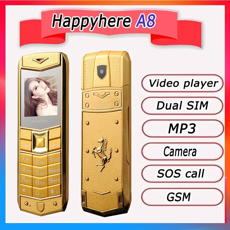 Недорогой металлический корпус автомобиля A8, с логотипом на русском, арабском, испанском, французском языке, вибрация, мобильный телефон с двумя sim-картами, кожаный чехол, подарок Standard, Gold