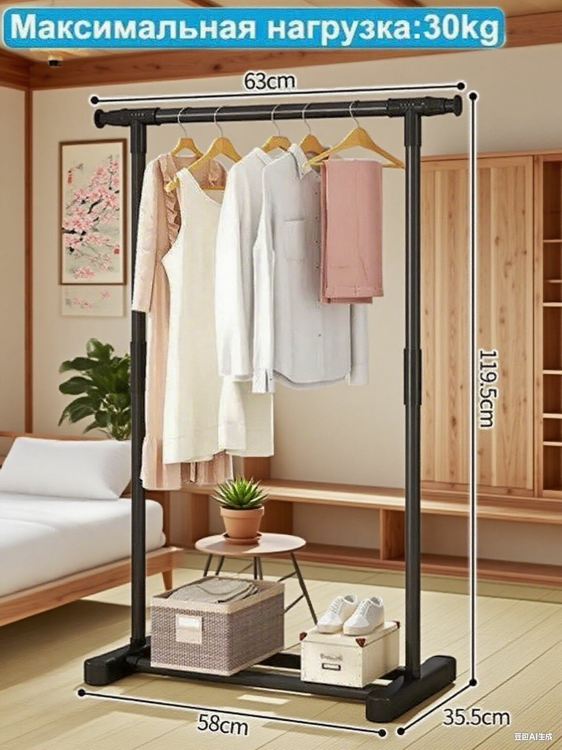Вешалка напольная для одежды, рейл для одежды, стойка. Гардеробная система хранения, Вешалка-рейл напольная, 119.5 см х 35.5 см