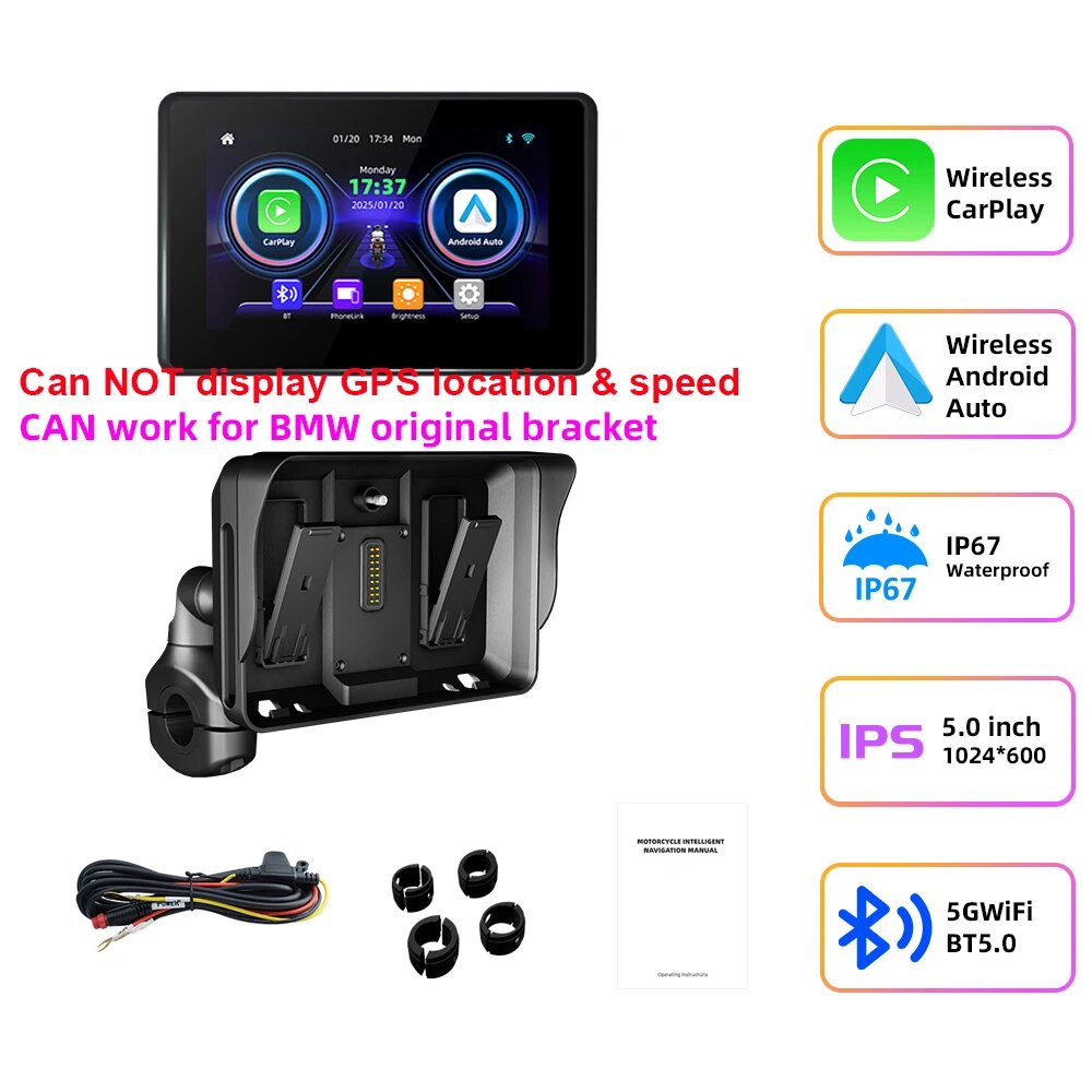 EKIY M3 5-дюймовый мотоцикл, беспроводной CarPlay, Android, автоматический экран, водонепроницаемый портативный универсальный мотоциклетный GPS-монитор, видеорегистратор, камеры Нет, M3