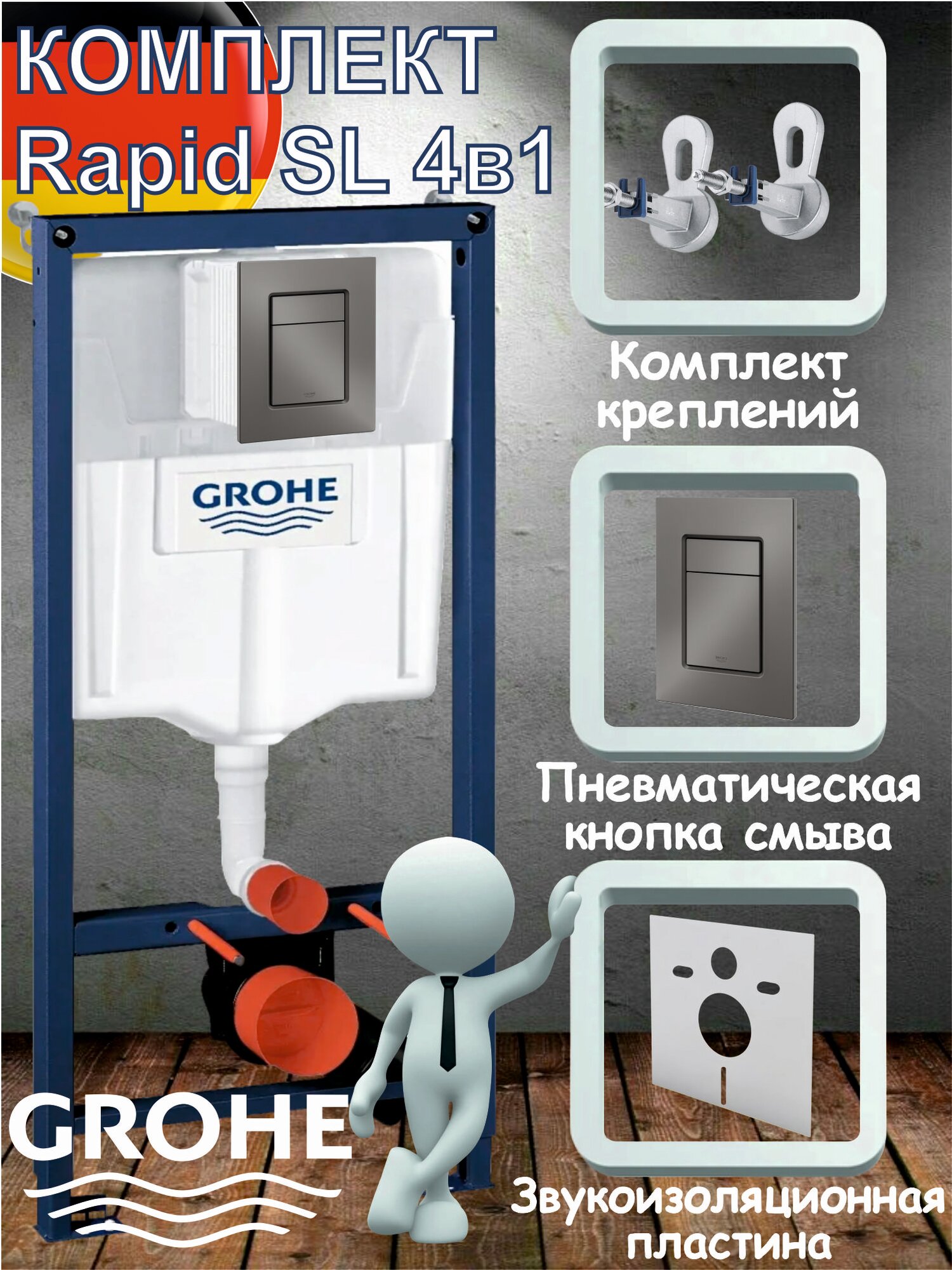 Инсталляция для унитаза GROHE Rapid SL 38772001 комплект 4в1, кнопка смыва Графит матовый