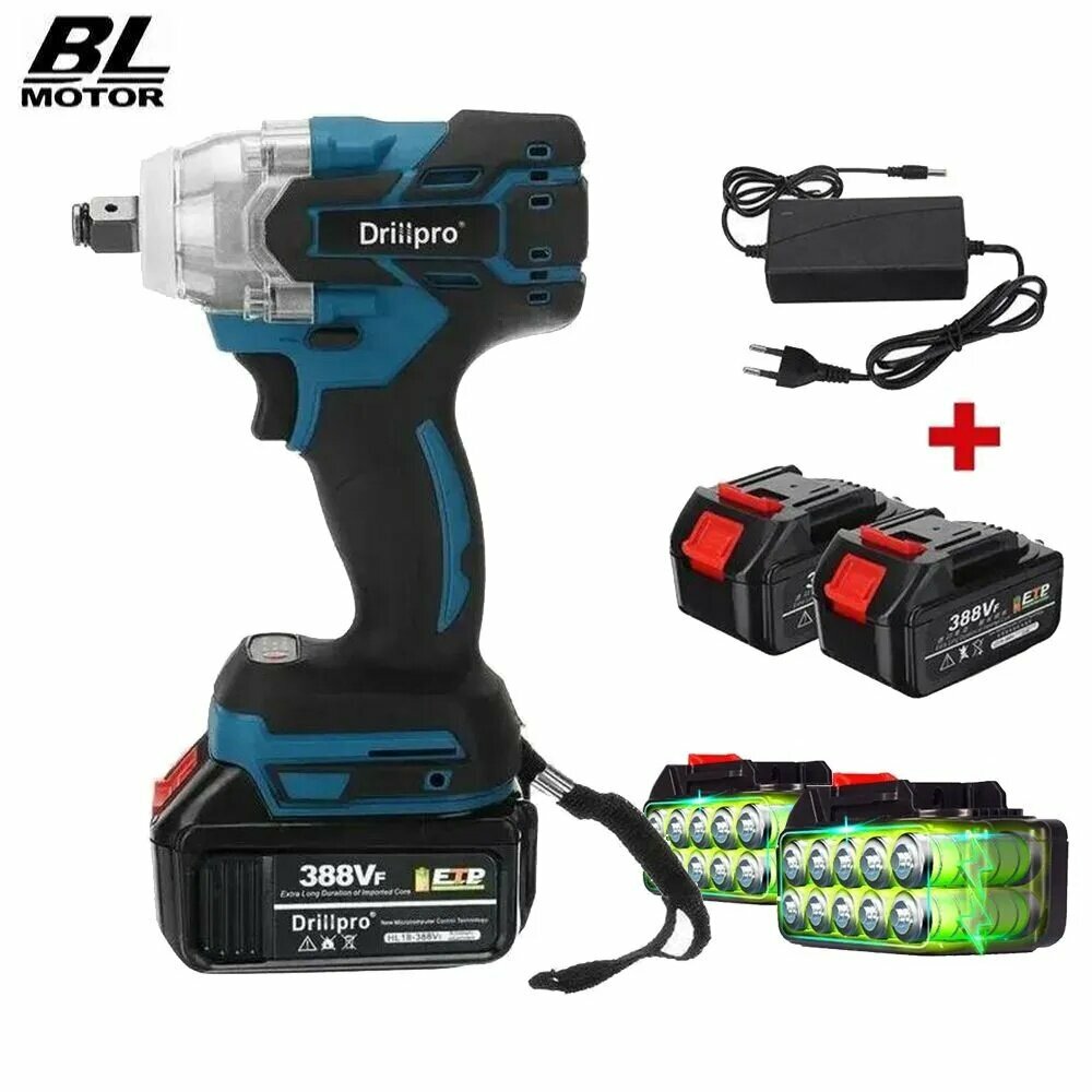 Ударный гайковерт Drillpro с 10-элементной внутренней батареей, бесщеточный, беспроводной, 18 В, в комплект входят две батареи