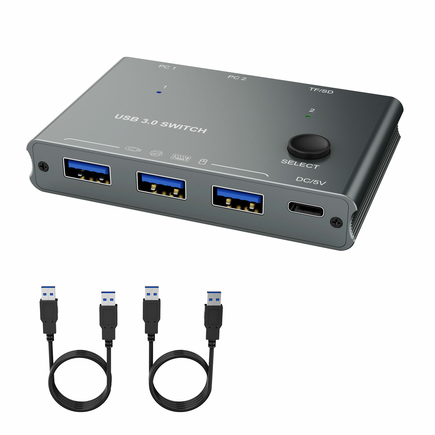 Переключатель USB 3.0 KC-234T 2 в 4 с чтением карт TF/SD, поддержка передачи данных до 5Gbps, совместимость с USB 2.0/1.1, Windows XP/7/8/10/Vista, Android, MAC OS 8.6 и выше, компьютерами, смарт-телевизорами, Андроид-телефонами, DVR