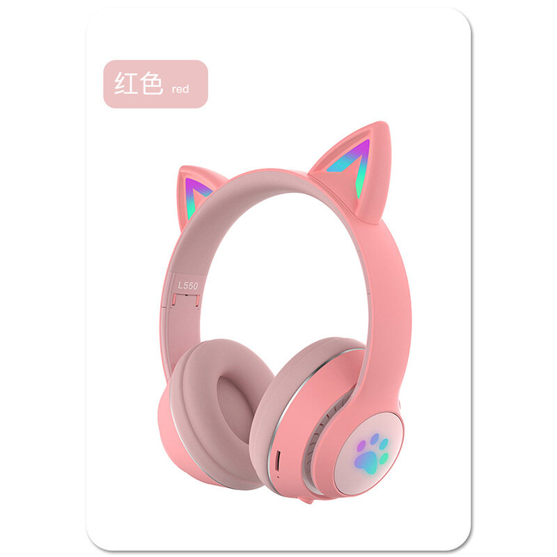 Новый наушник bluetooth с подстветкой ушей кота наушной сабвуфер беспроводной стереонаушник для мобильного телефона производитель Розовый