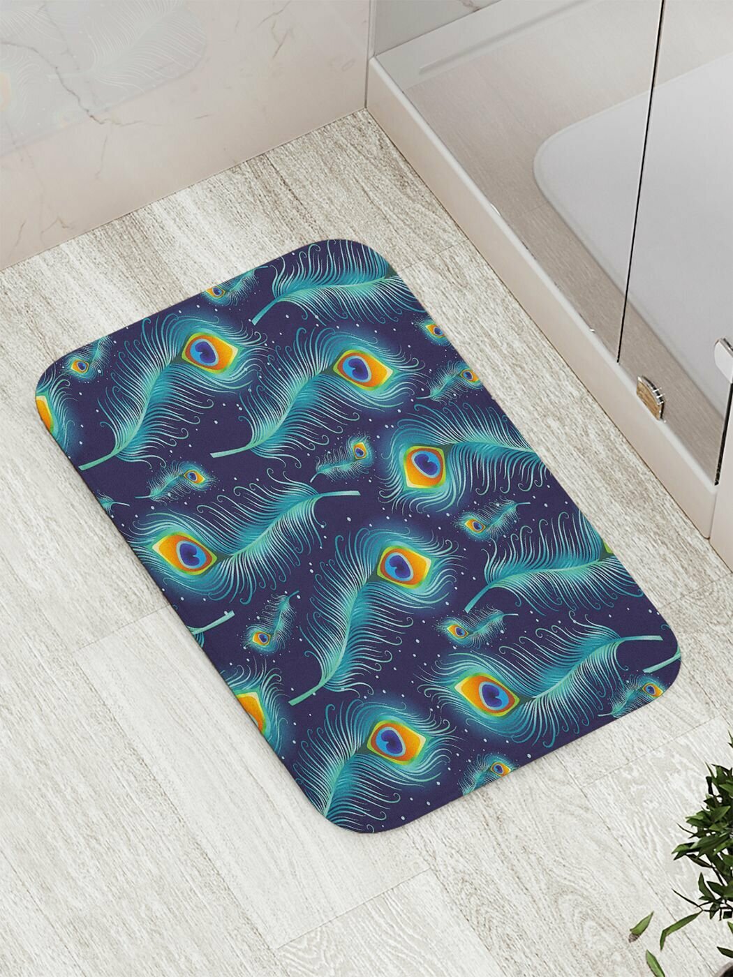 Коврик для ванной комнаты, туалета "Перья павлина" противоскользящий, 52х77 см, JoyArty