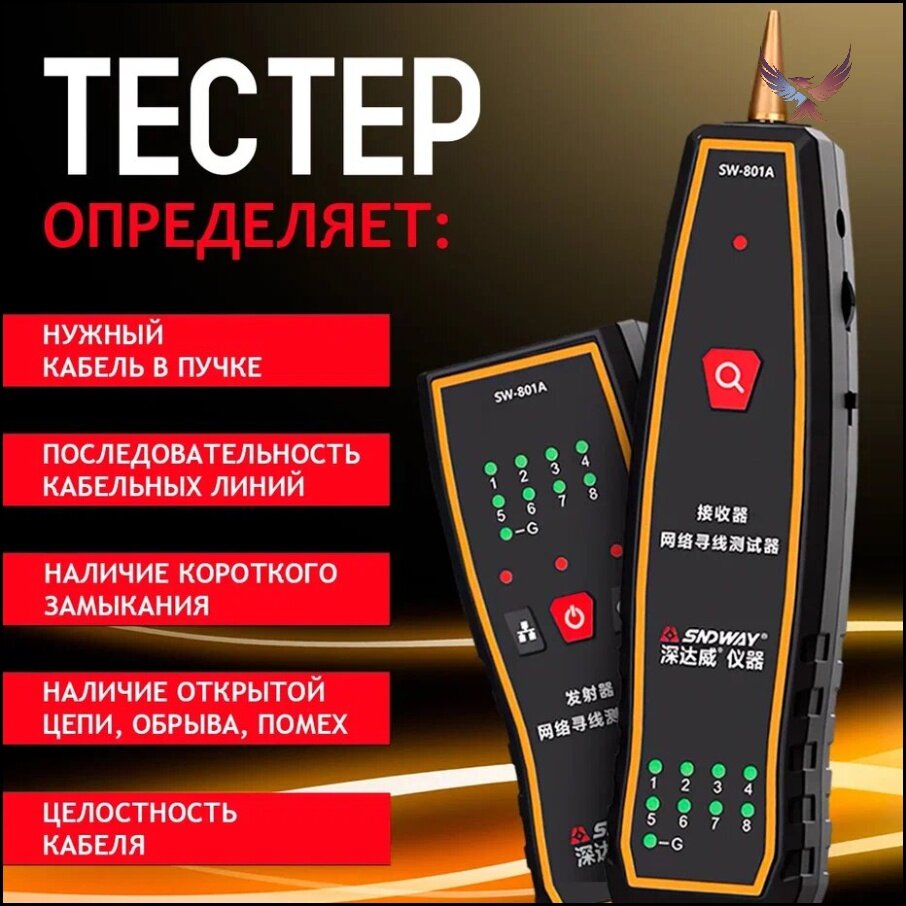 Кабельный тестер SW-801A SNDWAY, с фонариком, подсветка дисплея, RJ45/RJ11/наушники/крокодилы