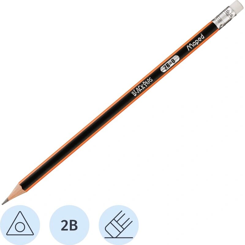 Карандаш чернографитный Maped BLACK PEP'S 2B, дерево, трехгран, ластик,851722