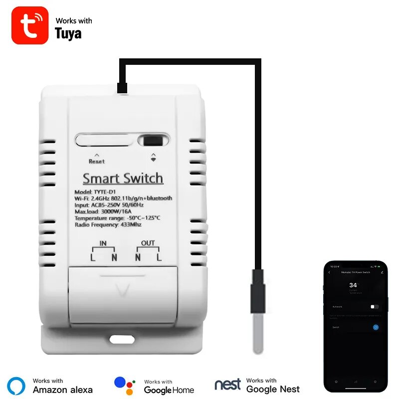 1 шт Tuya Умный WiFi + RF433 Switch AC 85-250 В, 3000 Вт, максимальный ток 16 А, реле с температурным контролем