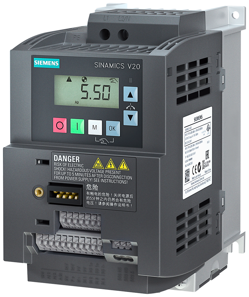 Преобразователь частоты Siemens SINAMICS V20 1 AC 200-240 V -10/+10% 47-6 Rated power 1.5 kW with 150% overload for 60 sec. 6SL3210-5BB21-5BV1, 6SL3210-5BB21-5BV1