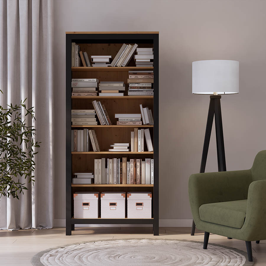 Стеллаж HEMNES Кымор, цвет черный/светло-коричневый, массив сосны, 90 x 198 x 37 см