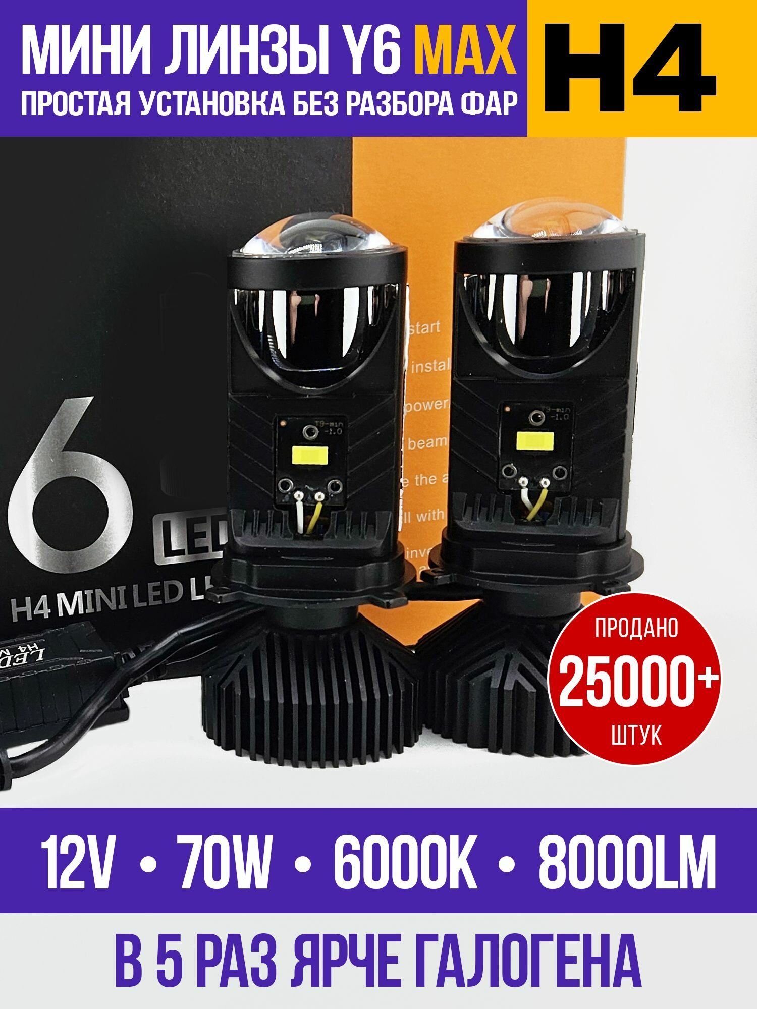 Мини линзы H4, лед лампы H4 Y6D Max, линзованные лампы H4, 6000К, 12V (BILEDH4Y6)