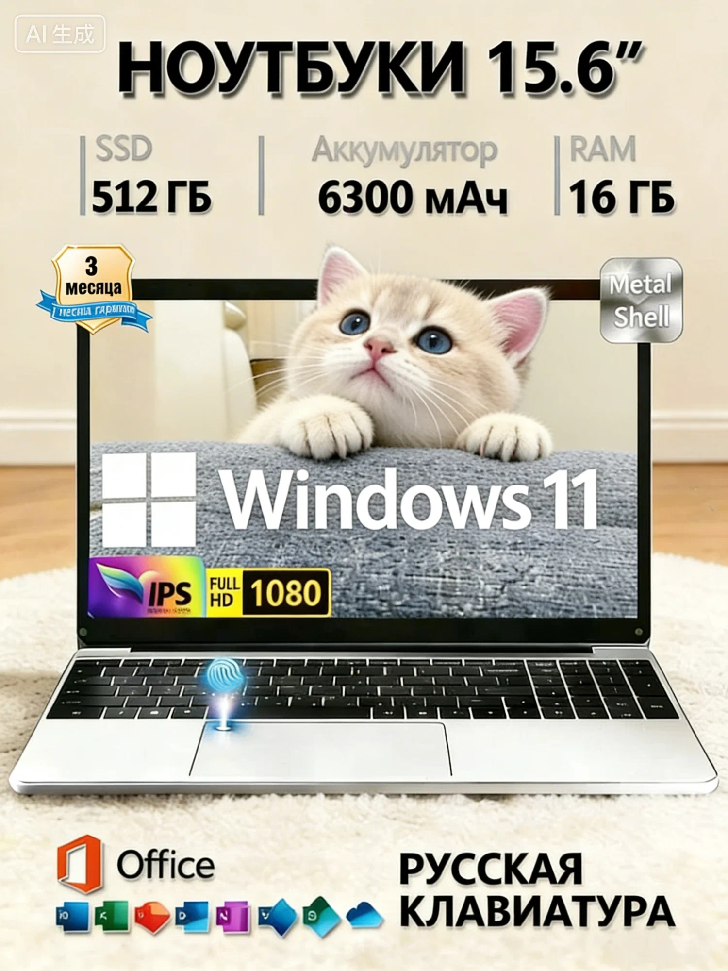 Hоутбук 15.6", для работы и учебы, 16GB RAM | 512 GB SSD | Full HD 1080P | Windows 11 Pro